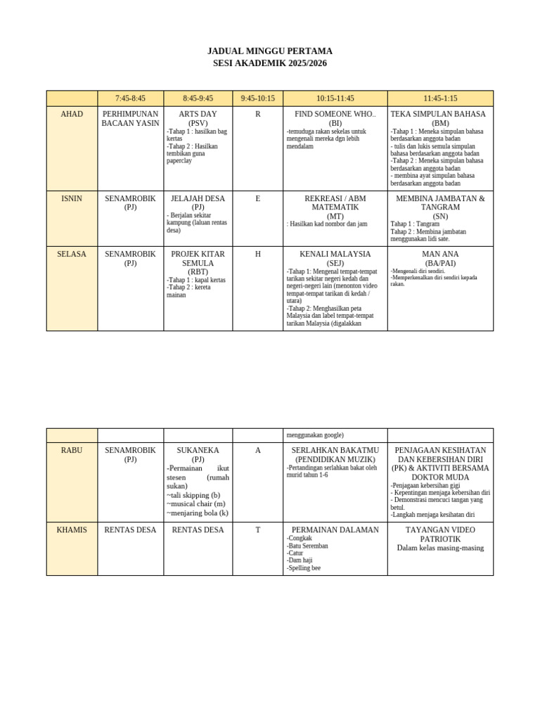 Jadual Minggu Pertama Sesi Persekolahan 2025 - 2026 | PDF