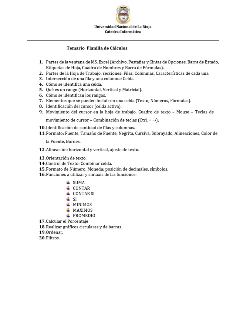 13) Temario Planilla de Cálculo - Practica | PDF