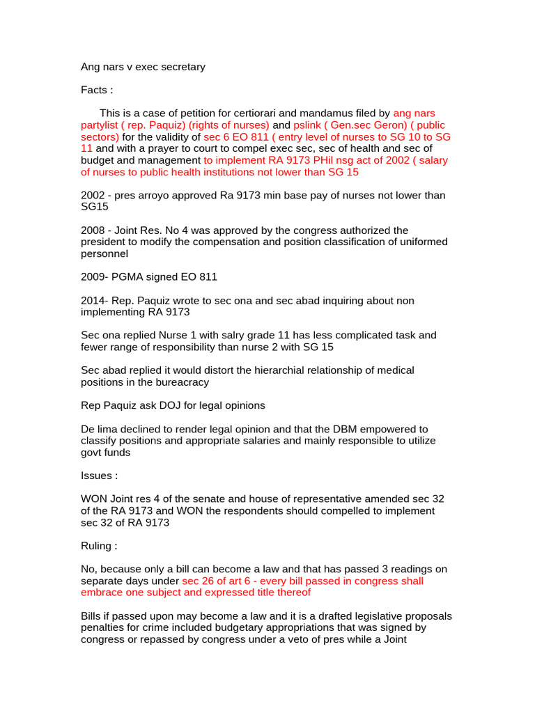 Ang Nars V Exec Secretary | PDF