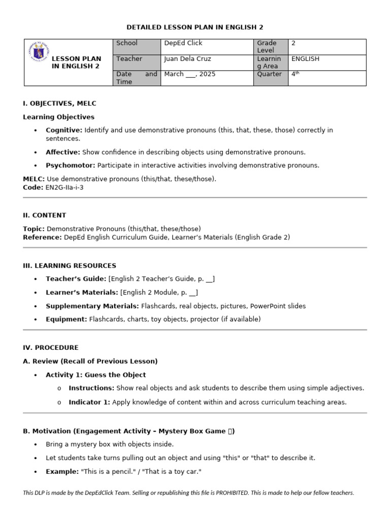 Co q4 DLP English 2 Depedclick | PDF | Learning | Lesson Plan
