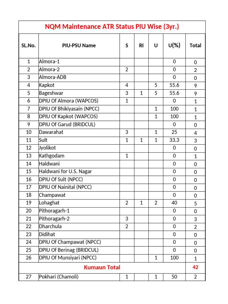 PIU Maintenance Status Overview | PDF
