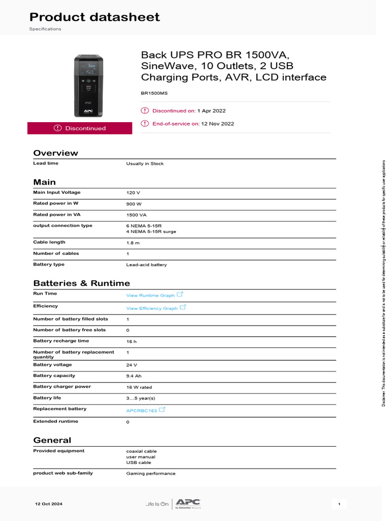APC BackUPS-Pro BR1500MS | PDF | Usb | Battery Charger