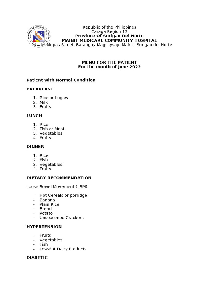 June 2022 Patient Menu - Mainit Hospital | PDF