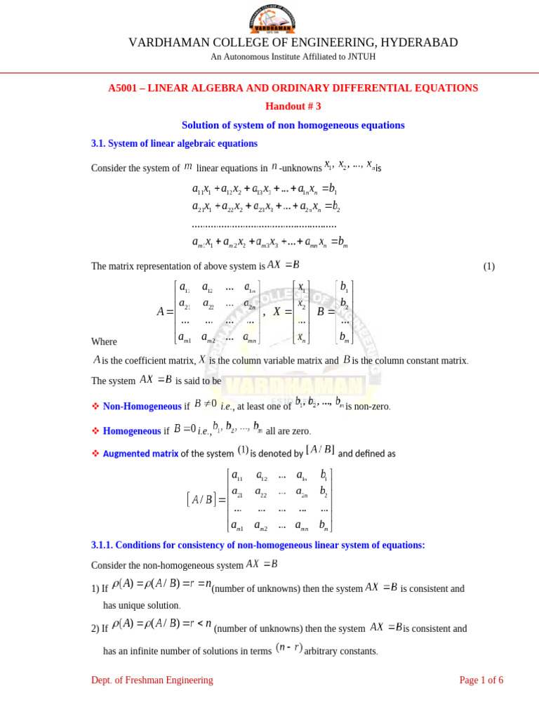 A6001 (LADE) Handout # 3 | PDF | System Of Linear Equations | Matrix (Mathematics)