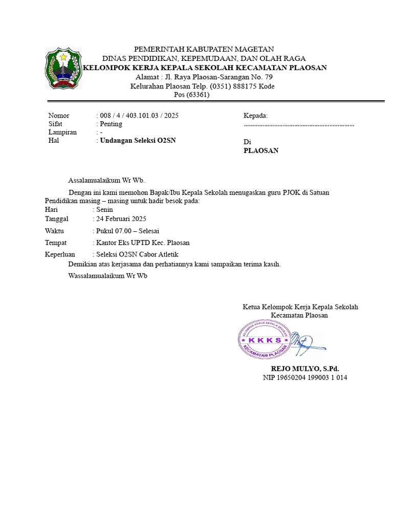 Undangan KKG PJOK 24 Feb 2025 Seleksi Atletik | PDF