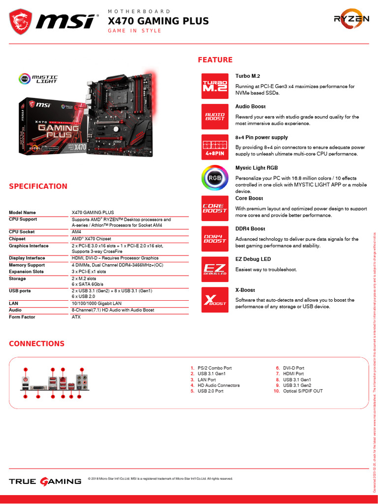Msi x470 Gaming Plus Datasheet | PDF | Usb | Electronics