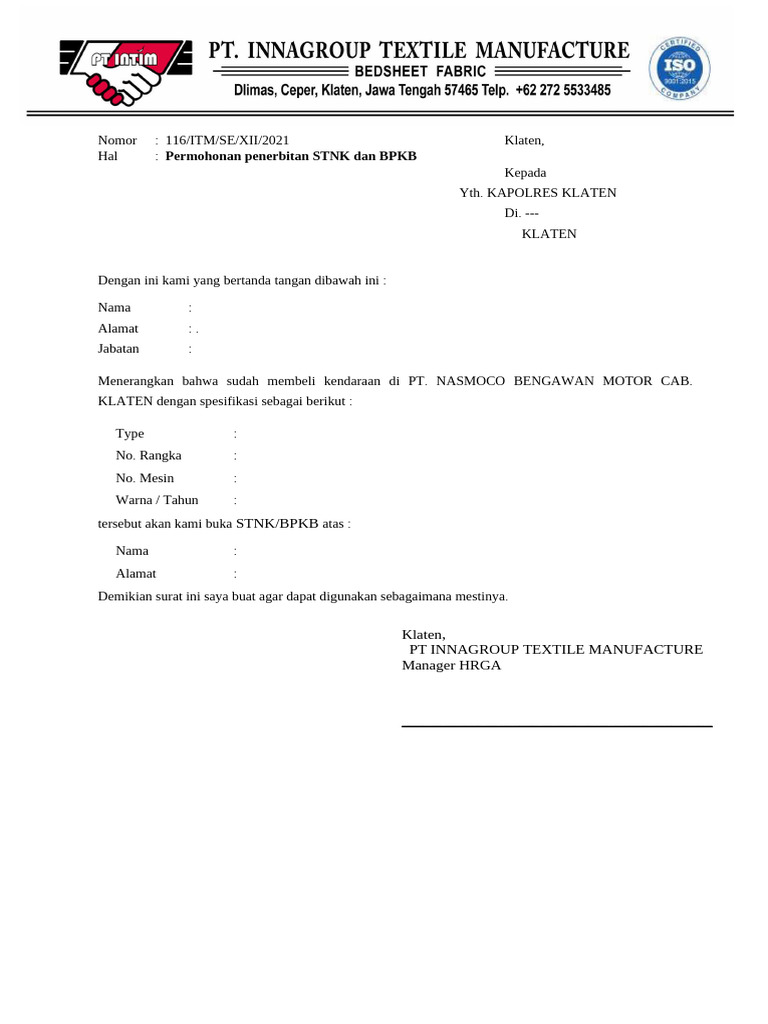 Surat Perm STNK - 1 | PDF