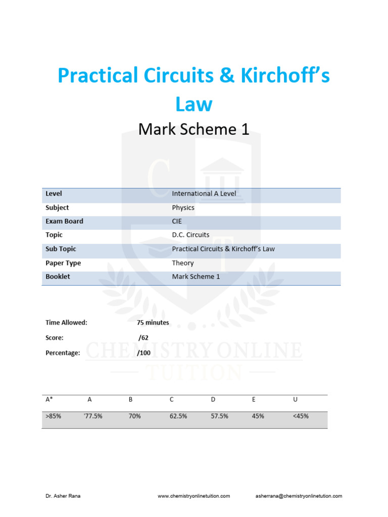 Practical Circuits & Kirchhoff's Law Mark Scheme | PDF | Student ...
