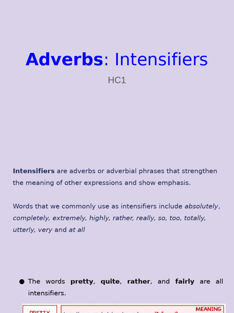 Adverbs Intensifiers | PDF | Adjective | Adverb