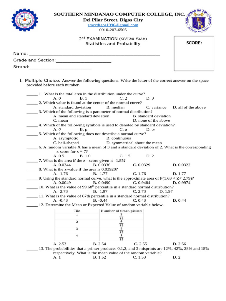 2nd Stat and Prob (Special Exam) | PDF | Normal Distribution | Standard Deviation