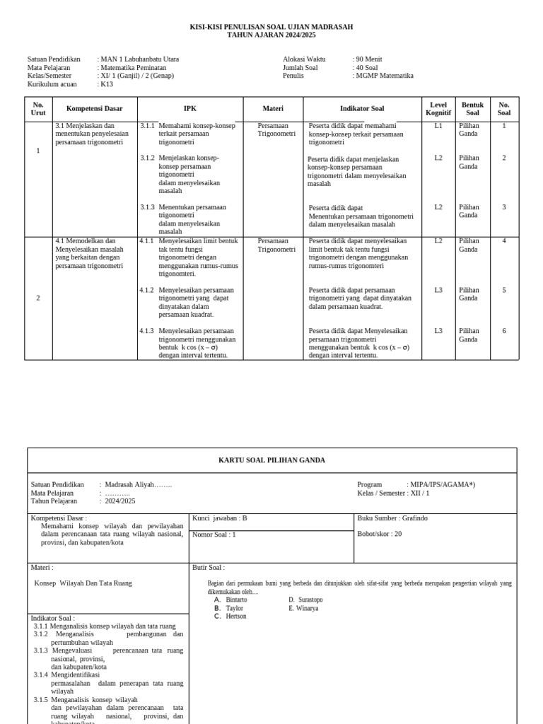 Kisi-Kisi Dan Kartu Soal Um Xii 2025 | PDF