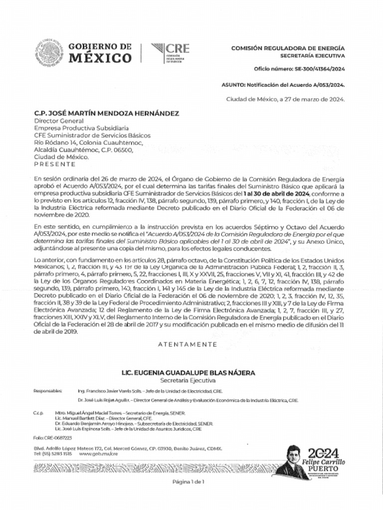 Oficio SE 300 41364 2024 Acuerdo A 053 2024 TFSB Abril 2024 | PDF