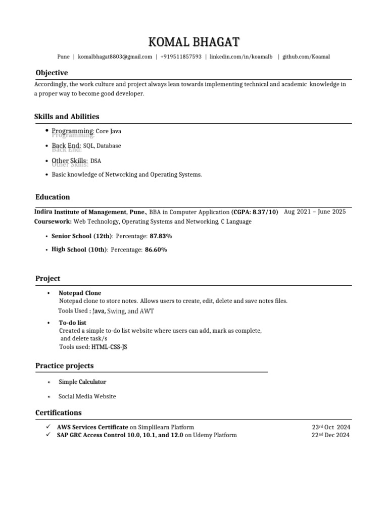 Pune Developer Resume - Komal Bhagat | PDF