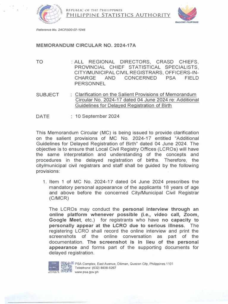 Memorandum Circular No. 2024-17A | PDF | Identity Document | Birth ...