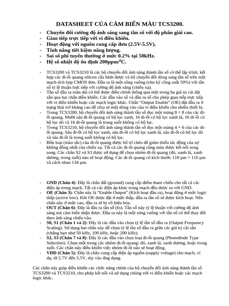 DATASHEET CỦA CẢM BIẾN MÀU TCS3200 | PDF