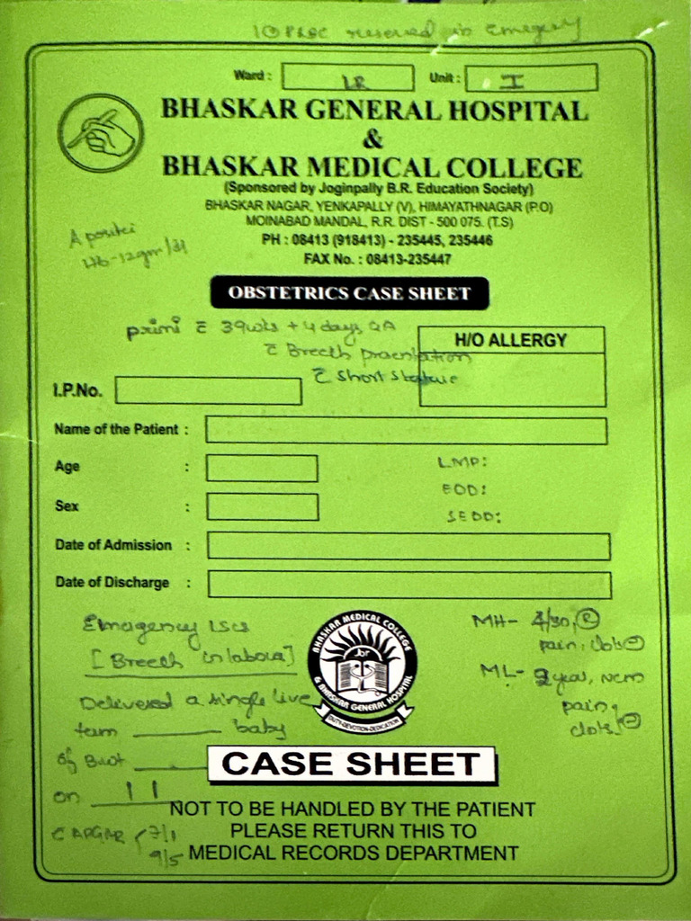 LSCS Emergency Case Sheet | PDF