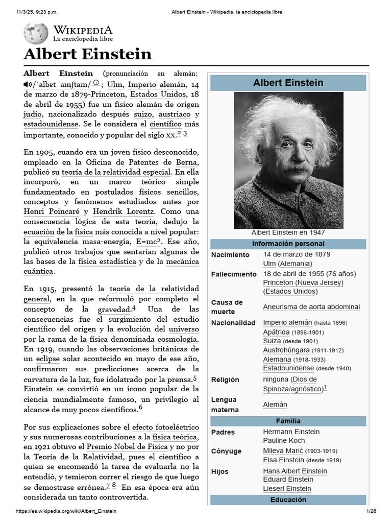 Albert Einstein - Wikipedia, La Enciclopedia Libre | PDF | Albert ...