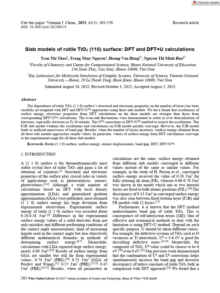 Vietnam Journal of Chemistry - 2023 - Thoa - Slab Models of Rutile TiO2 110 Surface DFT and DFT ...