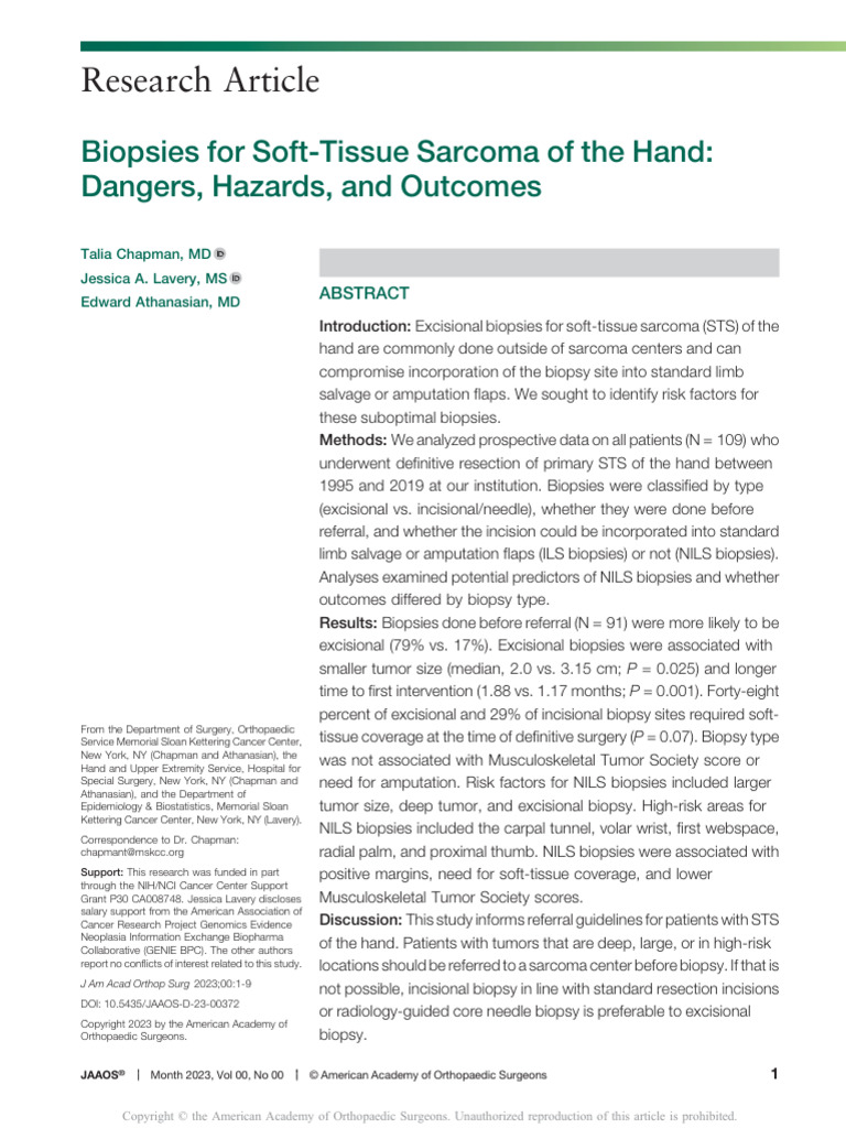 Biopsies For Soft Tissue Sarcoma of The Hand | PDF | Biopsy | Sarcoma