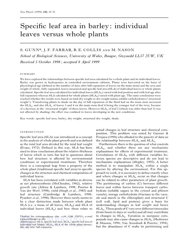Specific Leaf Area in Barley Analysis | PDF | Leaf | Barley