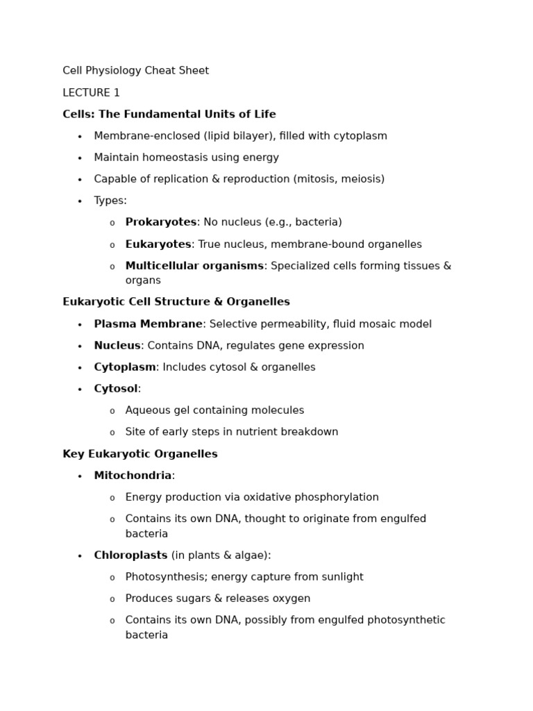 Cell Physiology Cheat Sheet | PDF | Cell (Biology) | Endoplasmic Reticulum