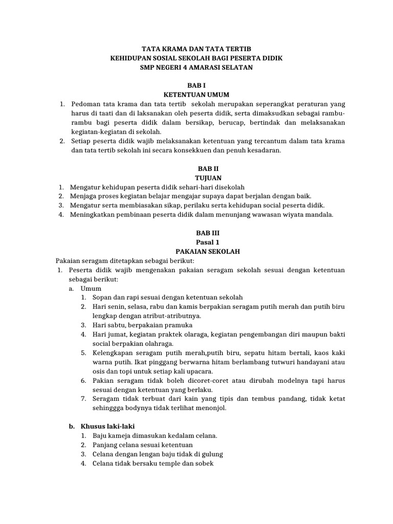 Tata Krama Dan Tata Tertib SMPN 4 As | PDF