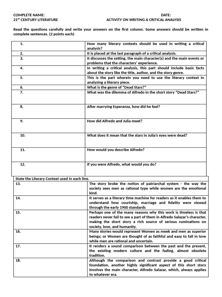 Critical Analysis of "Dead Stars" | PDF | Critical Thinking