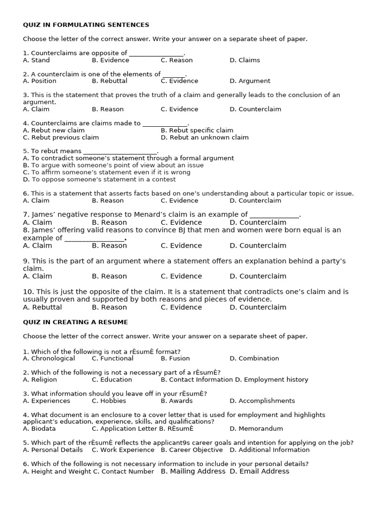 Sentence Formulation and Resume Quiz | PDF | Résumé | Argument