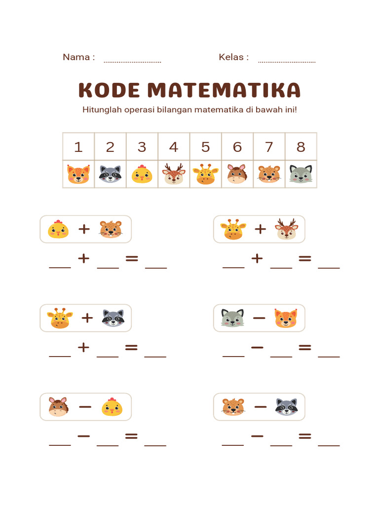 Kode Angka Matematika Lembar Kerja Koding Tambahan Coklat Oren ...