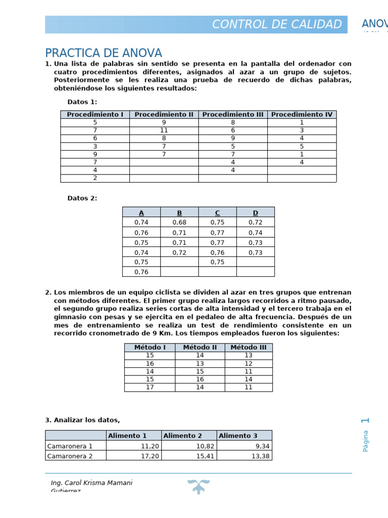 EJERCICIOS DE AVOVA | PDF