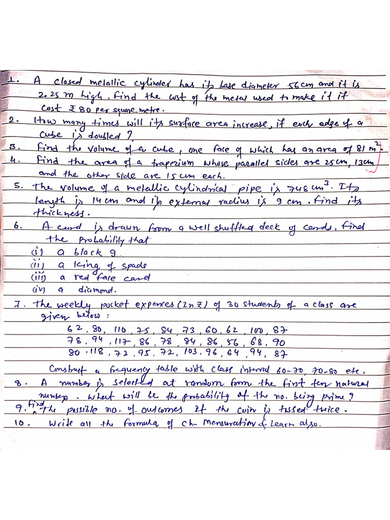 Practice Qs Class - VIII Subject-Maths-1 | PDF