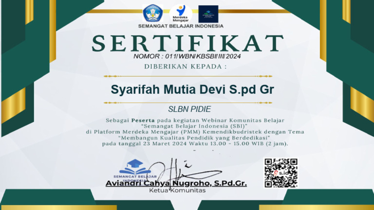 SERTIFIKAT GURU MASA KINI -- Syarifah Mutia Devi S.pd Gr | PDF