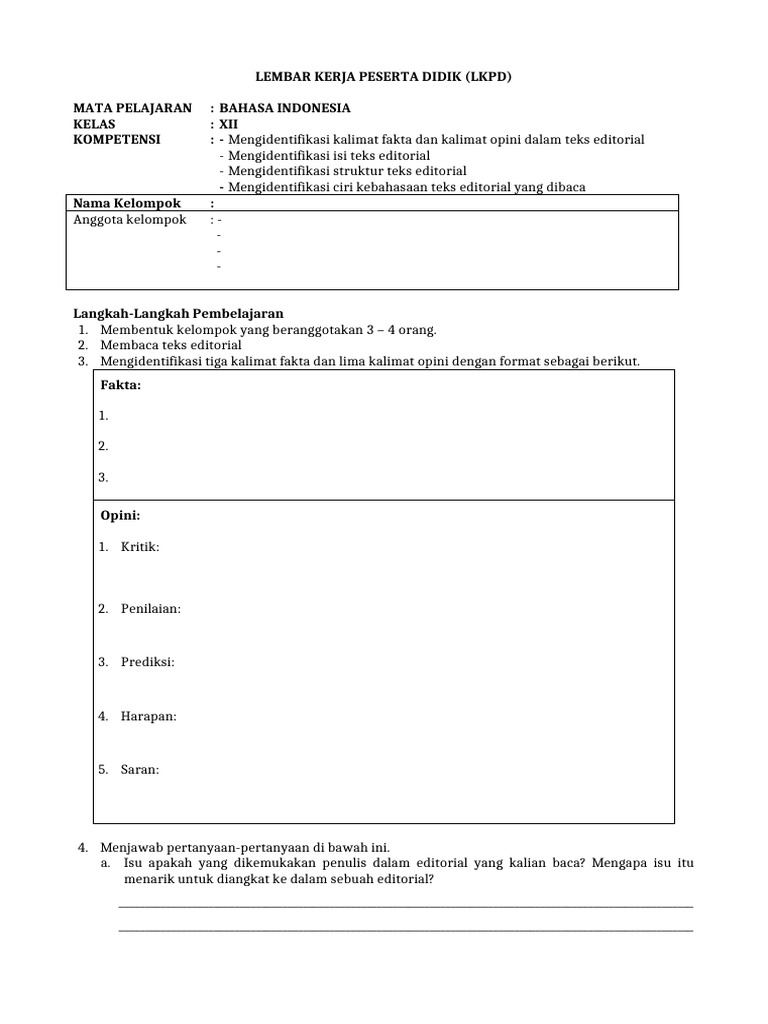 LKPD EDITORIAL (Fakta, Opini, Ciri Kebahasaan) | PDF