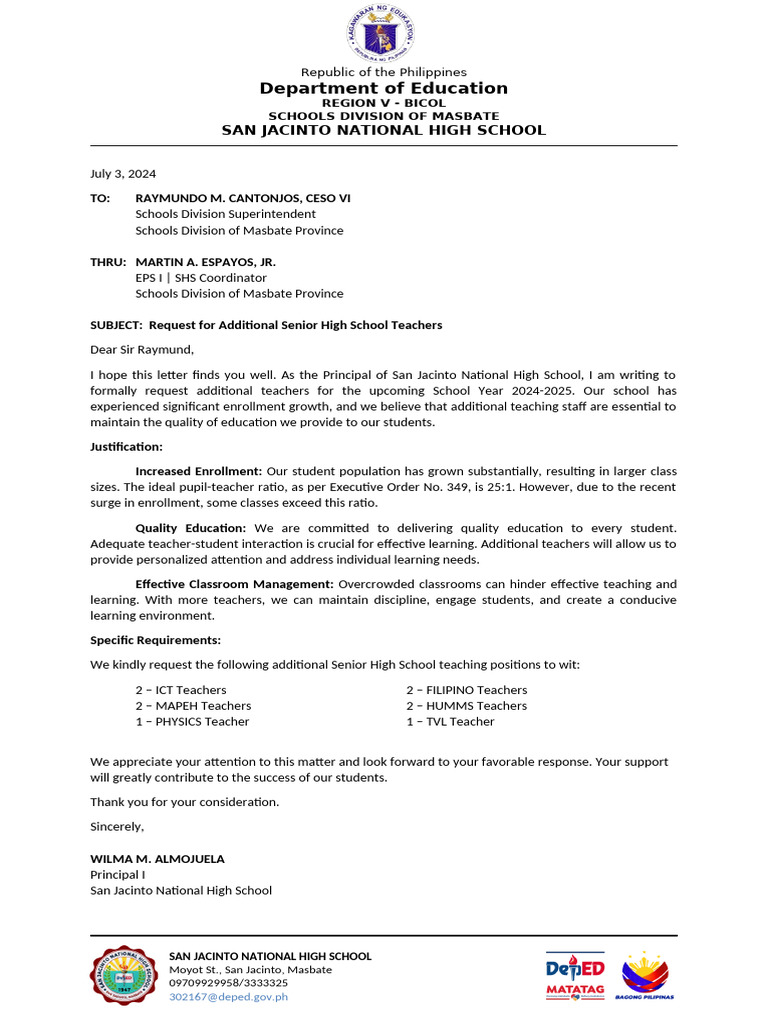 Request for Additional SHS Teachers at San Jacinto | PDF | Teachers ...