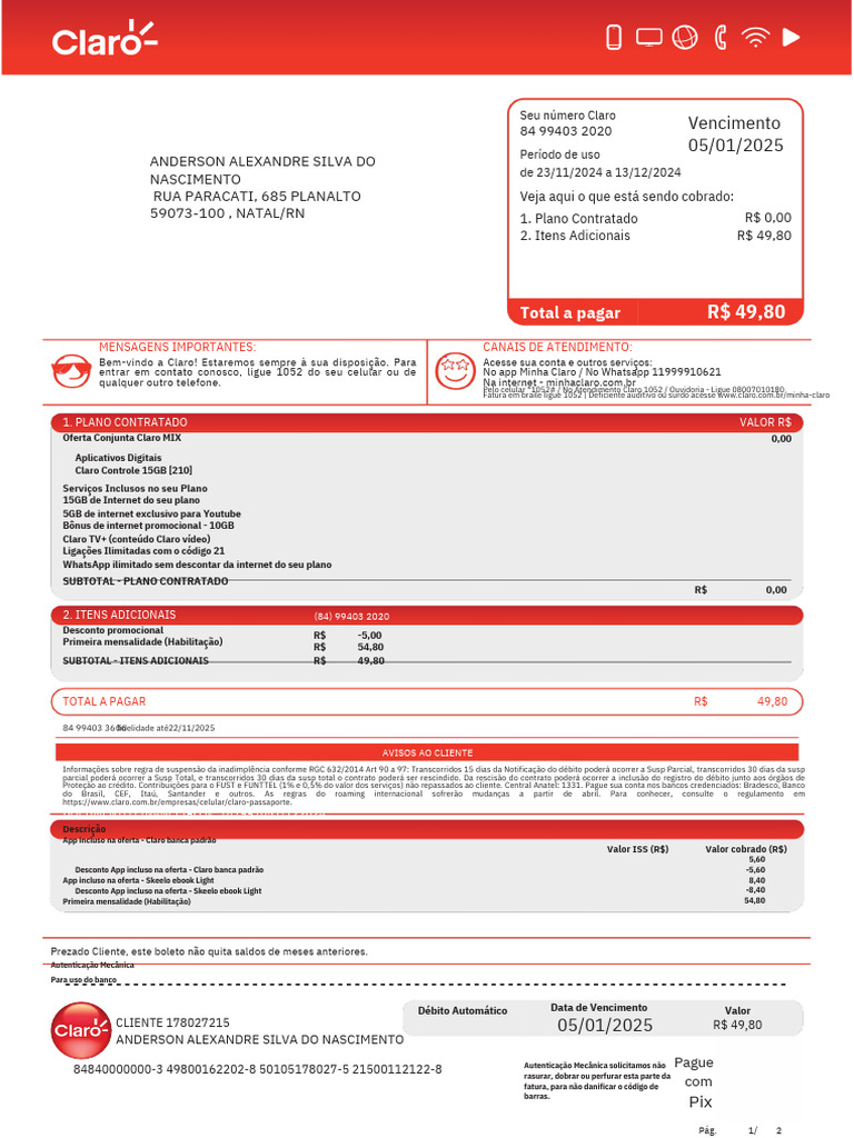 Fatura Claro: Detalhes e Vencimento | PDF | Internet