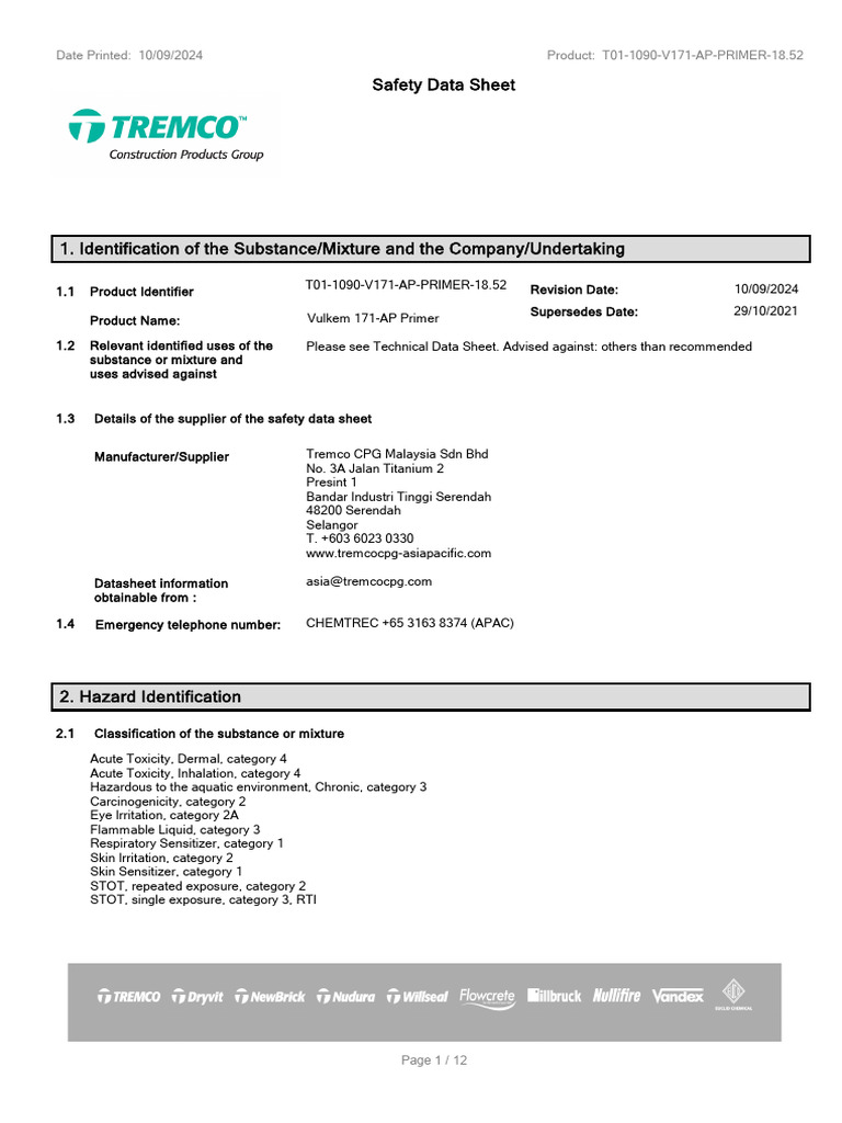 Vulkem 171-AP Primer Safety Data Sheet | PDF | Dangerous Goods | Toxicity