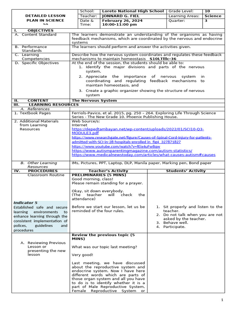 Nervous System Lesson Plan for Grade 10 | PDF | Nervous System | Central Nervous System