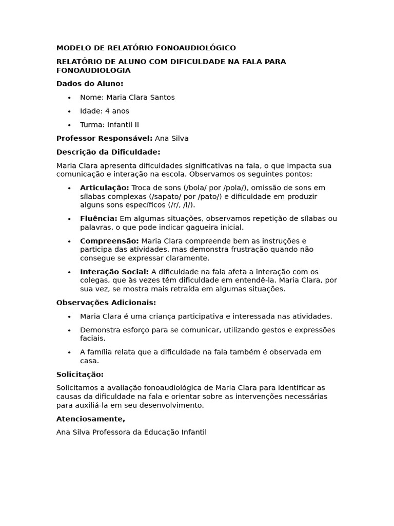 Modelo de Relatório de Aluno Com Dificuldade Na Fala para Fonoaudiologia | PDF