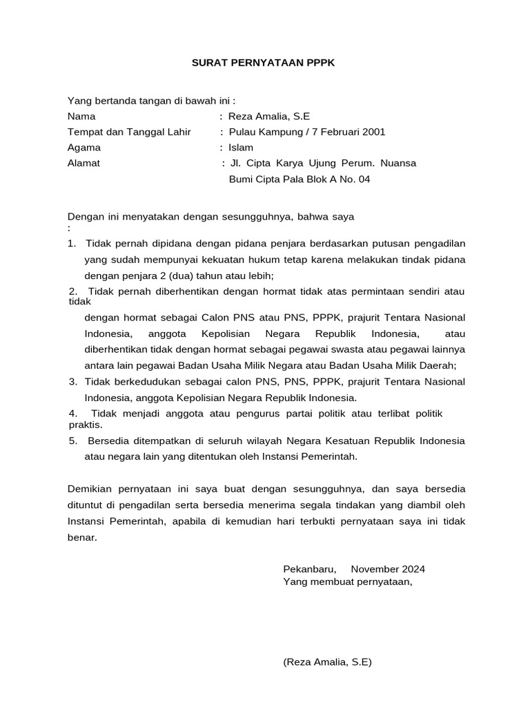 LAMP 1 SURAT PERNYATAAN 5 POIN PPPK Reza Amalia | PDF