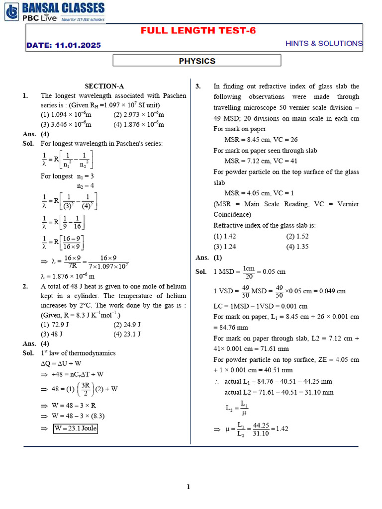 PCM FLT-6 11.01.2025 Hints&Solutions | PDF | Physical Chemistry | Applied And Interdisciplinary ...