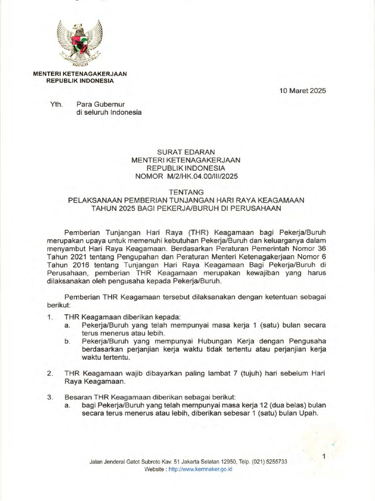 Semenaker M/2/hk.04.00/iii/2025 THR Pekerja | PDF