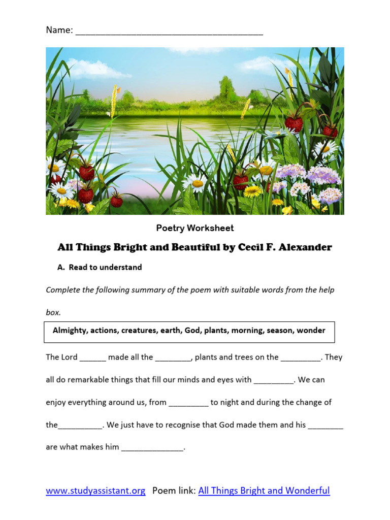 All Things Bright and Beautiful Worksheet | PDF | Poetry | Rhyme