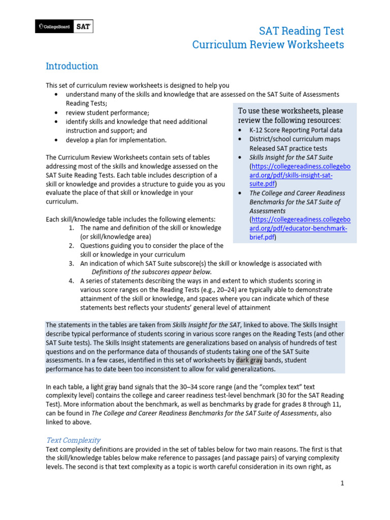 SAT Reading Test Curriculum Review Guide | PDF | Sat | Curriculum