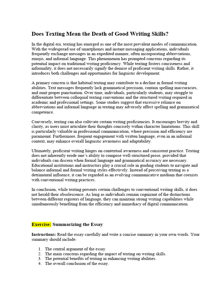 Students - Does Texting Mean The Death of Good Writing Skills | PDF ...