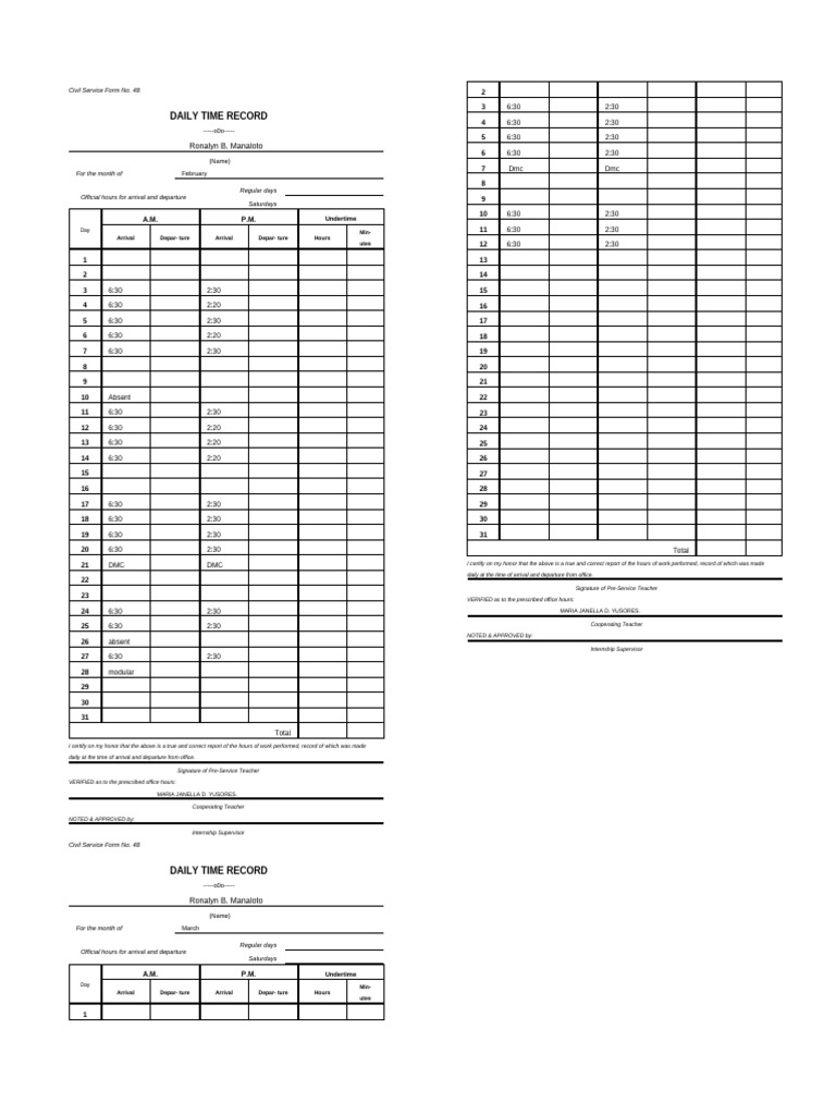 Daily Time Record for Civil Service | PDF