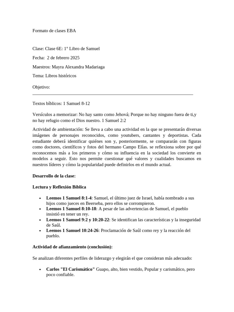 Formato de Clases EBA | PDF | Libros de Samuel