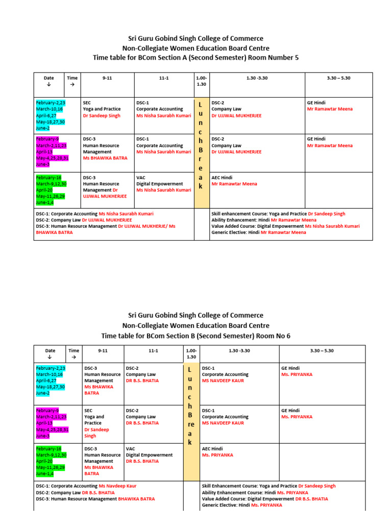 BCom Semester Timetable 2023-24 | PDF | Business Economics | Economies