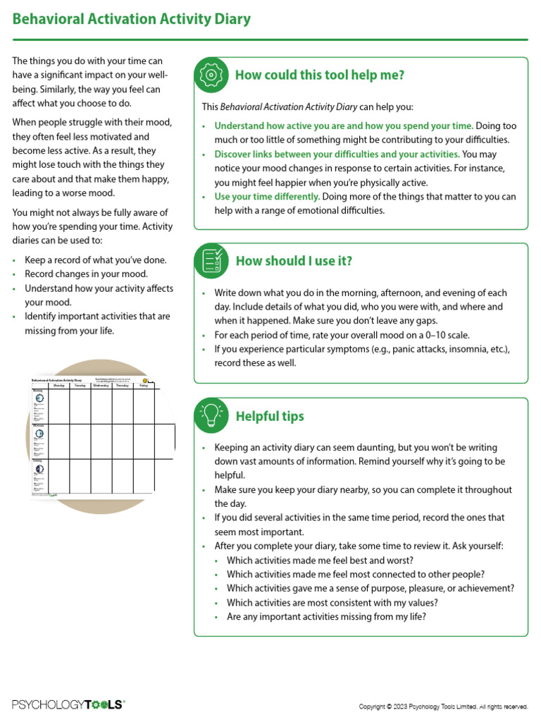 Behavioral Activation Activity Diary - Lang Eng Us - Format Client ...
