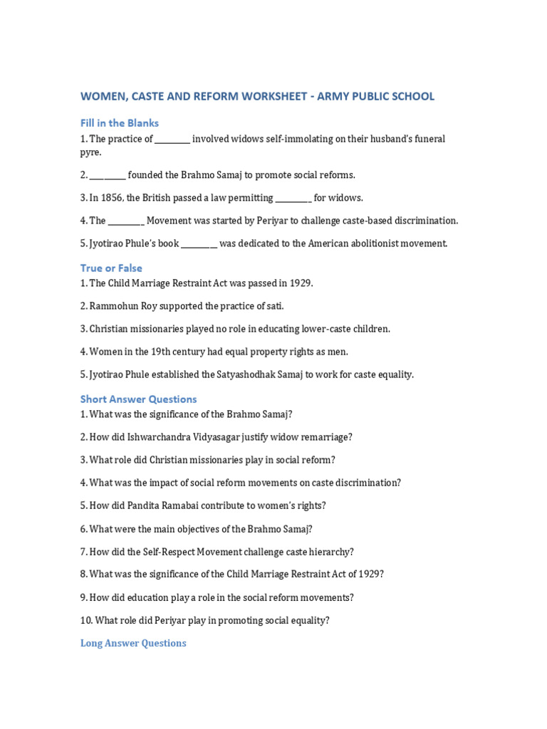 Women Caste and Reform Worksheet Army Public School Final | PDF | Caste