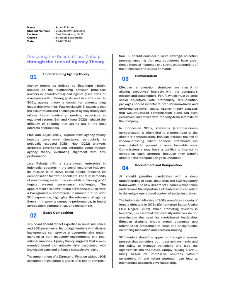 SL - Assignment 4 - Adam Amru - Board Analysis and Agency Theory | PDF | Governance | State ...